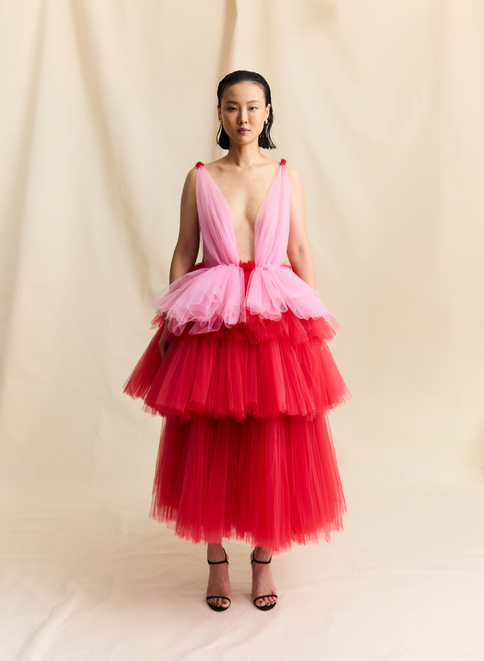 PINK & RED PLUNGE RUFFLE TULLE MIDI DRESS LOOK M1