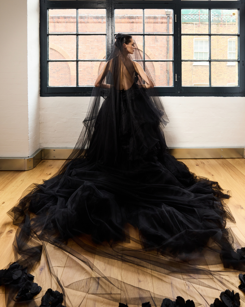 Sasha Tulle Veil with Silk Flower Crown & Silk Petals Hand Beaded with